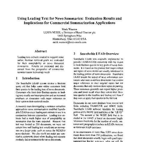Using Leading Text For News Summaries Evaluation Results And Implications For Commercial