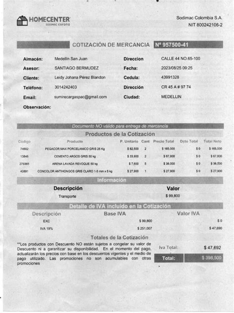 Cotizacion De Materiales Pdf
