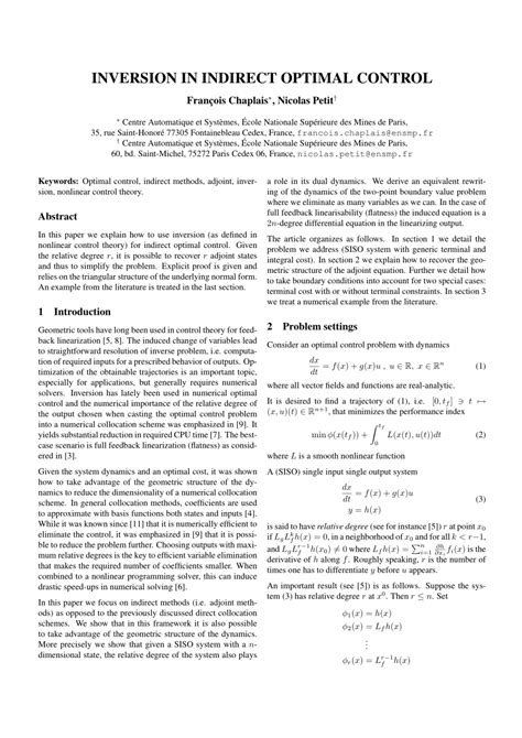 Pdf Inversion In Indirect Optimal Control