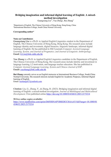 Pdf Bridging Imagination And Informal Digital Learning Of English A Mixed Method Investigation