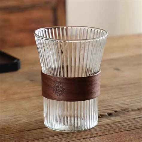 【幸沐商行】 耐熱條紋防燙玻璃杯 茶杯 咖啡杯 飲料杯 咖啡拿鐵杯 木製杯套防燙設計 條紋杯 耐熱耐冷 玻璃杯 高硼硅 幸沐商行