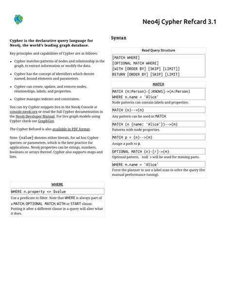 Neo4j Cypher Refcard 31 Pdf Database Index Comma Separated Values
