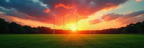 Sunset Silhouettes Of Rugby Goalposts Lush Green Field Oval Rugby