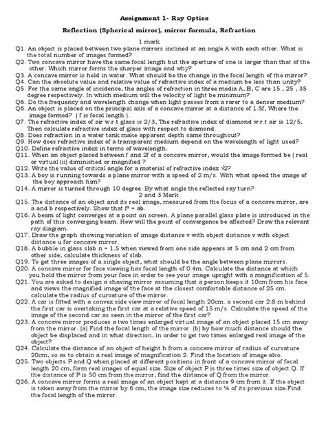 Ray Optics Assignment 1 Pdf Refractive Index Refraction