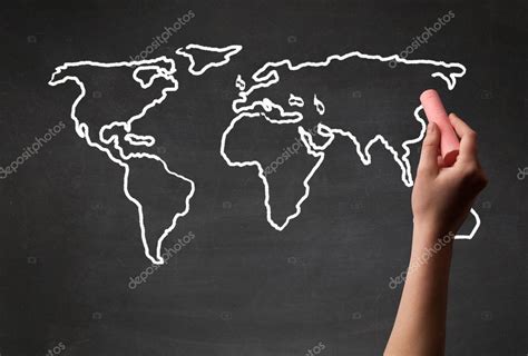Adult Drawing World Map On Chalkboard Stock Photo Ra Studio