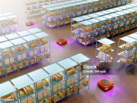 Automated Storage Autonomous Mobile Robot Storage With Amr Among Shelves Shelves With Cardboard