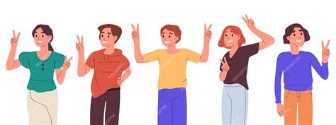 Premium Vector People Showing Peace Sign Cheerful Male And Female