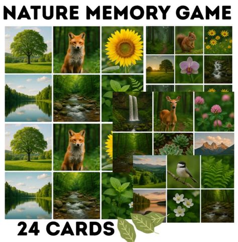 Nature Themed Memory Game 24 Unique Cards 48 Total 2 Sizes Included
