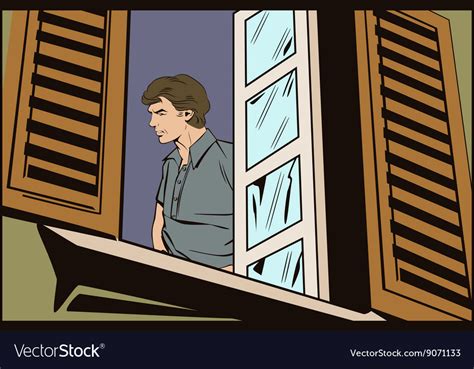 People In Retro Style The Man Window Royalty Free Vector