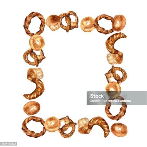 다양한 종류의 구운 식품의 프레임 흰색에 고립된 수채화 손으로 그린 Simit 빵집을위한 프레첼 그린 브리오슈 베이글 크로와상 빵의 그림입니다 빵집 식료품점을 위한 디자인