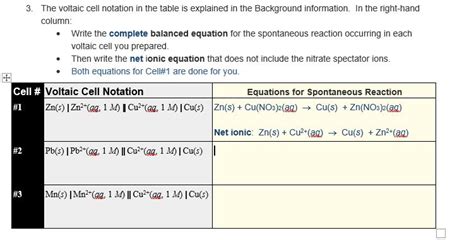 solved 3 the voltaic cell notation in the table is
