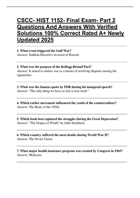 Cscc Hist 1152 Final Exam Part 2 Questions And Answers With Verified Solutions 100 Correct