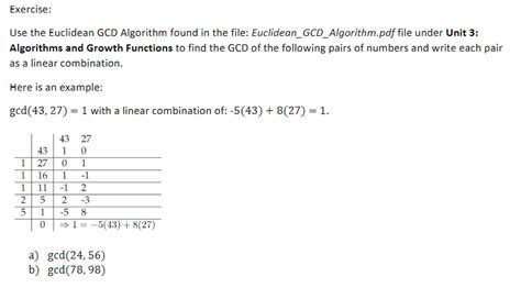 Solved Exercise Use The Euclidean Gcd Algorithm Found In