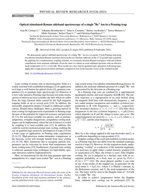 Pdf Optical Stimulated Raman Sideband Spectroscopy Of A Single Be 9 Ion In A Penning Trap