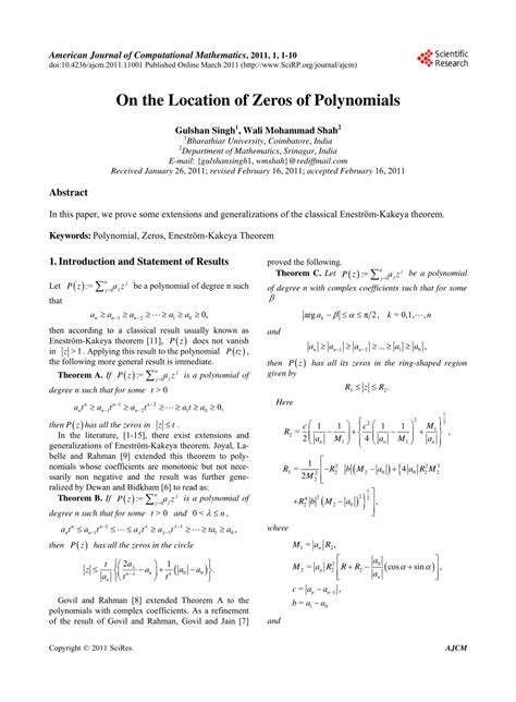 Pdf On The Location Of Zeros Of Polynomials