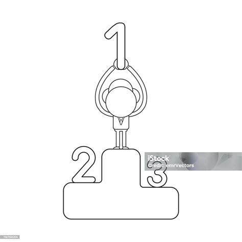 수상자 연단에 1 위 사업가 캐릭터의 벡터 일러스트와 1 위를 들고 검은색 윤곽선 1위에 대한 스톡 벡터 아트 및 기타 이미지 1위 Championship 개념