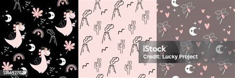 핑크 공룡 손바닥 선인장과 매끄러운 패턴의 마음 컬렉션 어린이를 위한 벡터 그림 0명에 대한 스톡 벡터 아트 및 기타 이미지 0명 공룡 공주 Istock