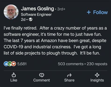 Shubham Mishra On Linkedin He Deserves Our Best Wishes The Creator Of Java Retired But His