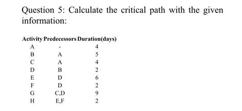 solved question 5 calculate the critical path with the