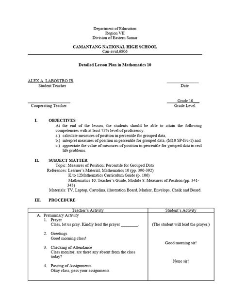 Lesson Plan In Mathematics 10 Measure Of Position In Percentile For Grouped Data Pdf Lesson