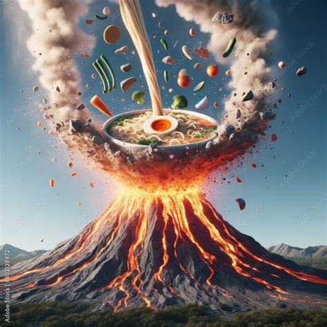 A Creative Culinary Illustration Volcanic Eruption Of Ramen A Surreal
