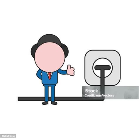 콘센트에 연결 된 플러그로 엄지 손가락을 주는 사업가 캐릭터의 벡터 그림 색상 및 검은색 윤곽선 개념에 대한 스톡 벡터 아트 및 기타 이미지 Istock