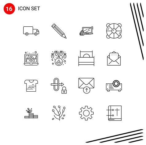 Universal Icon Symbols Group Of 16 Modern Outlines Of Antivirus Sea Padlock Rescue Beach