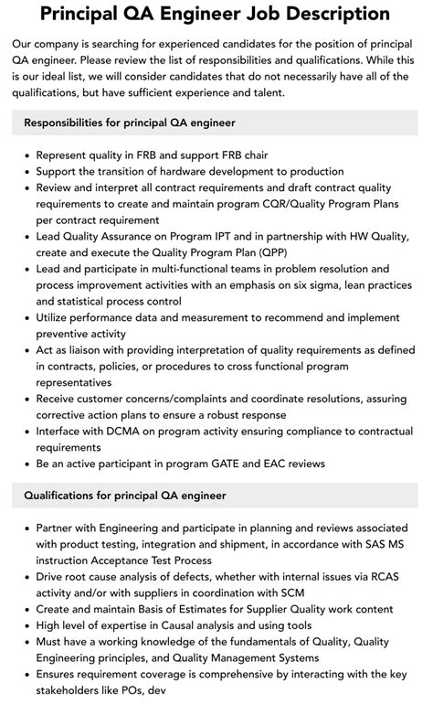 Principal Qa Engineer Job Description Velvet Jobs