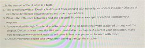 Solved 1 In The Context Of Excel What Is A Table 2 How Chegg Com