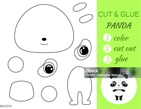 색칠 공부 는 아기 팬더를 잘라 접착제 유치원 어린이를위한 교육 종이 게임 워크시트를 잘라내고 붙여넣습니다 종이에 색상 절단 부품 및 접착제 만화 캐릭터 벡터 스톡