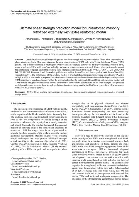 Pdf Ultimate Shear Strength Prediction Model For Unreinforced Masonry Retrofitted Externally