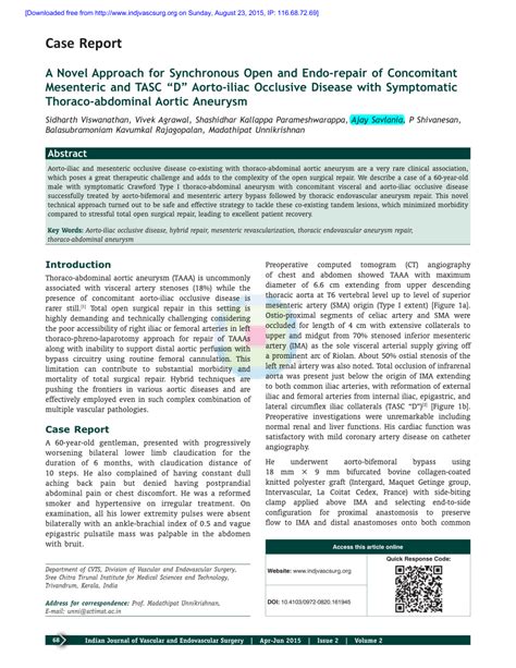 Pdf A Novel Approach For Synchronous Open And Endo‑repair Of Concomitant Mesenteric And Tasc