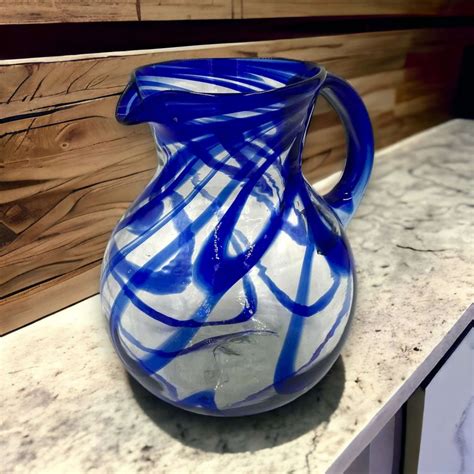 Authentic Hand Blown Mexican Glass Pitcher Stunning Blue Swirl Desig