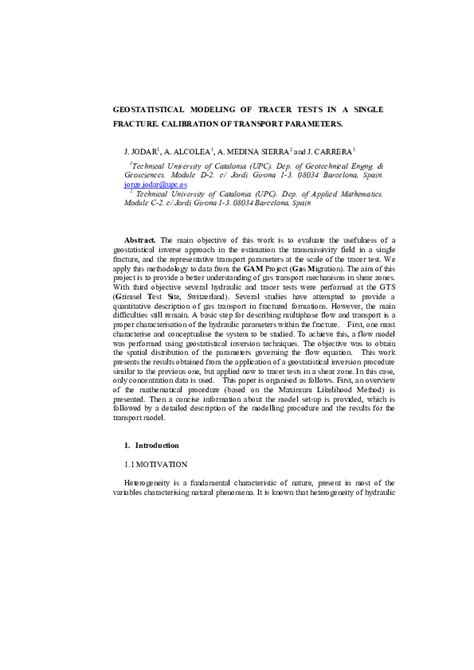 Pdf Geostatistical Modeling Of Tracer Tests In A Single Fracture Calibration Of Transport