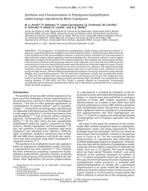 Pdf Synthesis And Characterization Of Polystyrene B Poly Ethylene Oxide B Poly ε Caprolactone