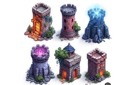 Mage Towers With Lightening Set Of Video Games Assets Sprite Sheet 205