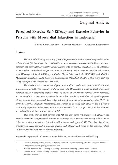 Pdf Perceived Exercise Self Efficacy And Exercise Behavior In Persons With Myocardial