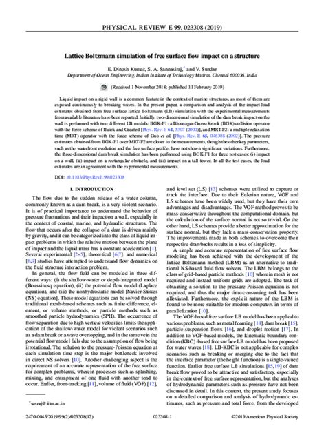 Pdf Lattice Boltzmann Simulation Of Free Surface Flow Impact On A Structure