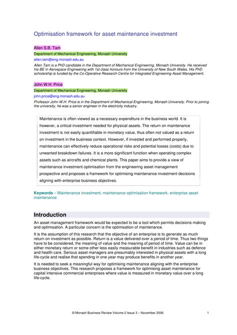 Pdf Optimisation Framework For Asset Maintenance Investment