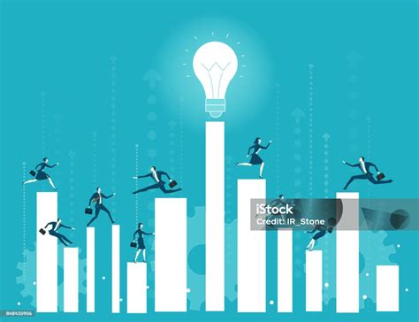 많은 비즈니스 젊은 사람들 실행 및 성장 다이어그램 바에 점프 망원경으로 보는 차트 위에 지도자 바쁜 비즈니스 생활 성과 및