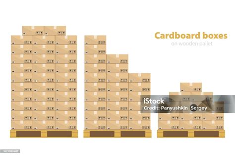 나무 팔레트에 골판지 상자 픽토그램 바코드 및 텍스트 스티커가있는 저장 및화물을위한 판지 소포 갈색에 대한 스톡 벡터 아트 및 기타 이미지 Istock