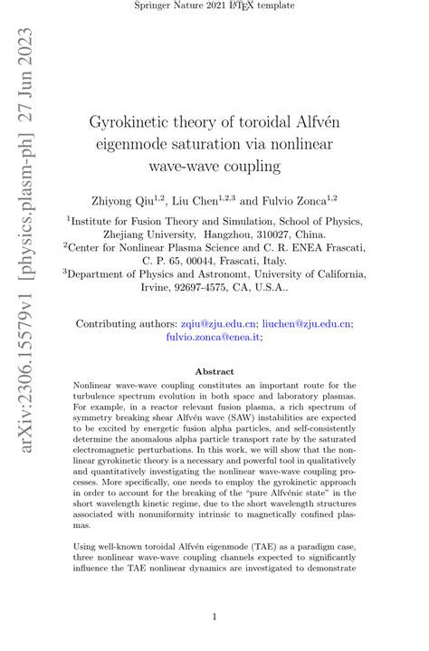 Pdf Gyrokinetic Theory Of Toroidal Alfven Eigenmode Saturation Via