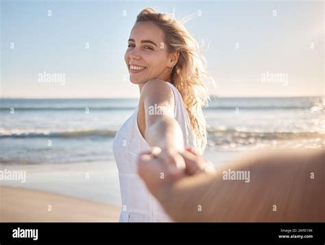 Love Portrait Woman Pov And Holding Hands On Beach And Happy