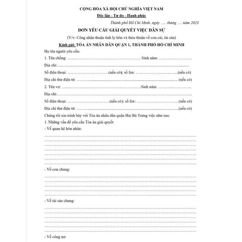 Bộ Mẫu đơn Ly Hôn Của Tòa án Nhân Dân Quận 1 Thành Phố Hồ Chí Minh Và