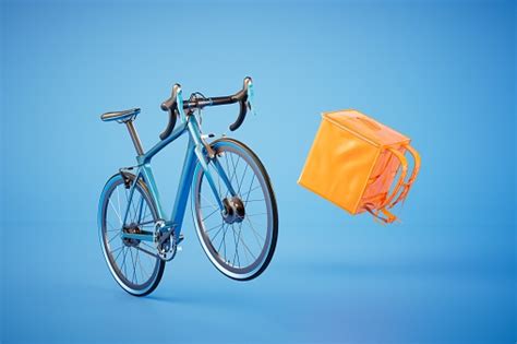 자전거로 음식 배달 파란색 배경에 음식을 위한 자전거와 택배 가방 3d 렌더링 가방에 대한 스톡 사진 및 기타 이미지 가방