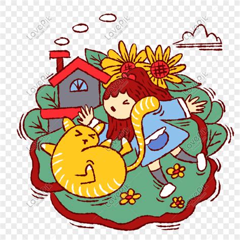 손으로 그려진 된 만화 귀여운 요정 작은 소녀와 고양이 Png 일러스트 무료 다운로드 Lovepik