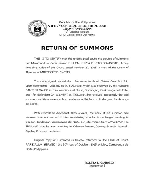 Return Of Summons In Small Claims Case Pdf Law