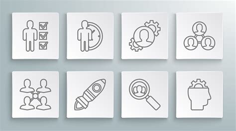 라인 프로젝트 팀 기지 시간 관리 불이 있는 로켓선 수색자를 위한 돋보기 내부 휴먼 기어 비즈니스 정장 아이콘 사용자 설정 벡터 Launch Party에 대한 스톡 벡터