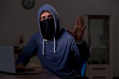 Male Hacker Hacking Security Firewall Late In Office Stock Image Image Of Network Hood 190173317