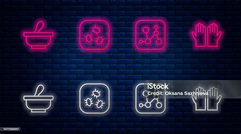 세트 라인 박테리아 화학 공식 모르타르 및 유봉 및 의료용 고무 장갑 벽돌 벽에 빛나는 네온 아이콘입니다 벡터 건강 진단에 대한 스톡 벡터 아트 및 기타 이미지 Istock